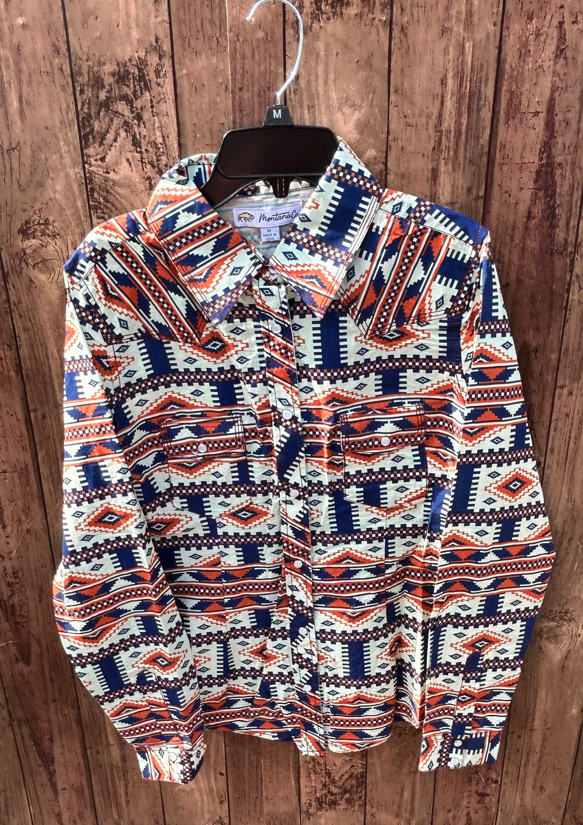 MontanaCo Ladies All Over Aztec Pattern in Orange & Navy Western Blous ...